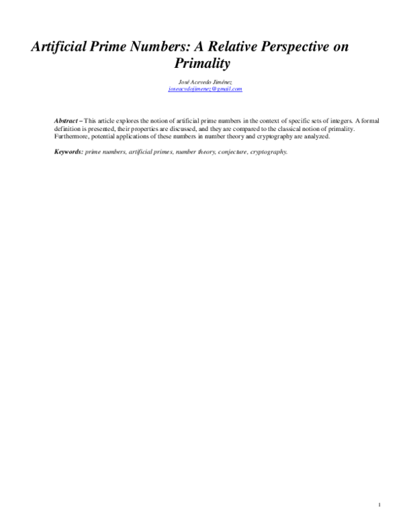 (PDF) Artificial Prime Numbers: A Relative Perspective on Primality