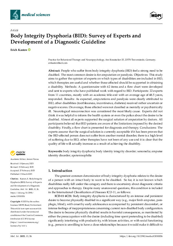 (PDF) Body Integrity Dysphoria (BID): Survey of Experts and Development ...