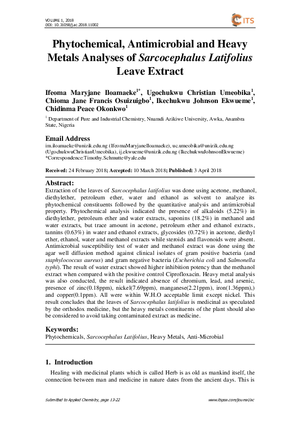 (PDF) Phytochemical, Antimicrobial and Heavy Metals Analyses of Sarcocephalus Latifolius Leave ...