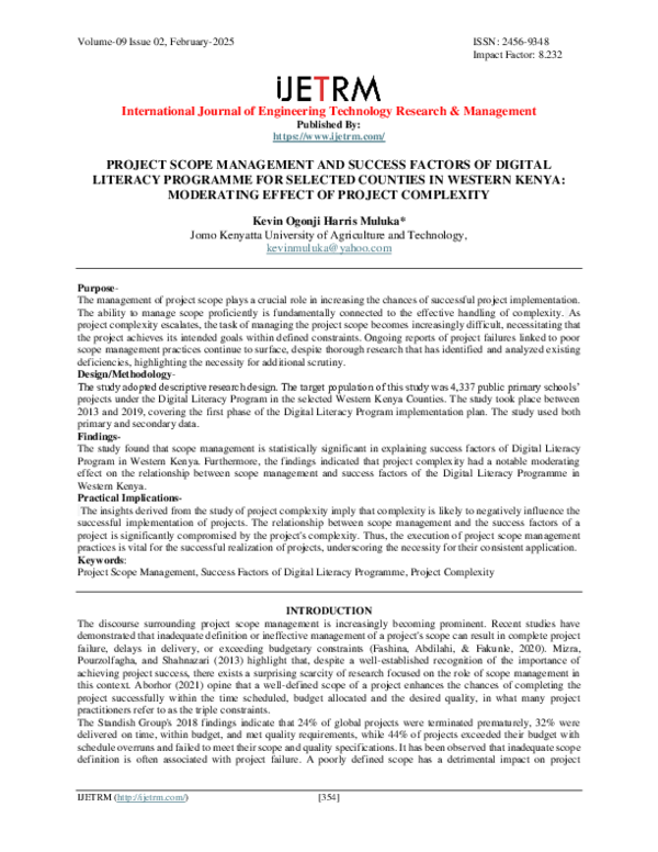 (PDF) PROJECT SCOPE MANAGEMENT AND SUCCESS FACTORS OF DIGITAL LITERACY PROGRAMME FOR SELECTED ...