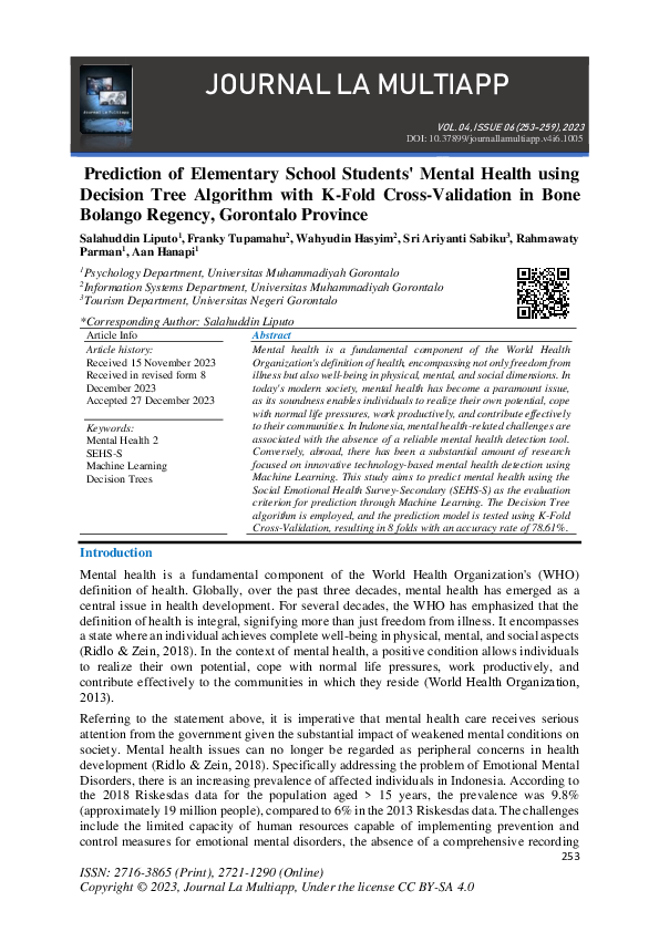 (PDF) Prediction of Elementary School Students' Mental Health using Decision Tree Algorithm with ...
