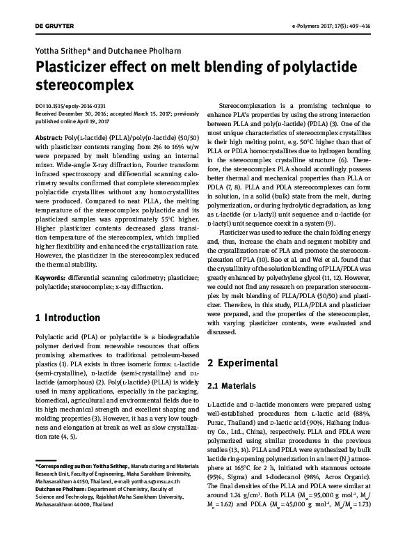 (PDF) Plasticizer effect on melt blending of polylactide stereocomplex