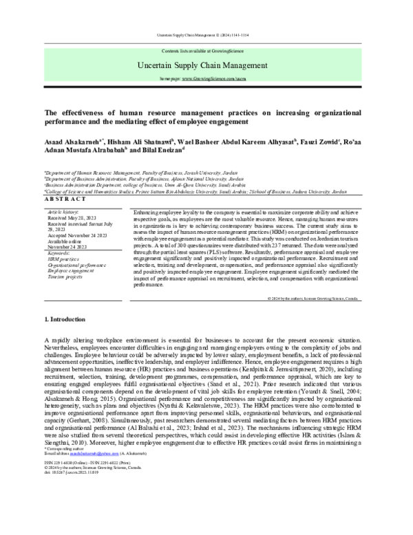 (PDF) The effectiveness of human resource management practices on increasing organizational ...