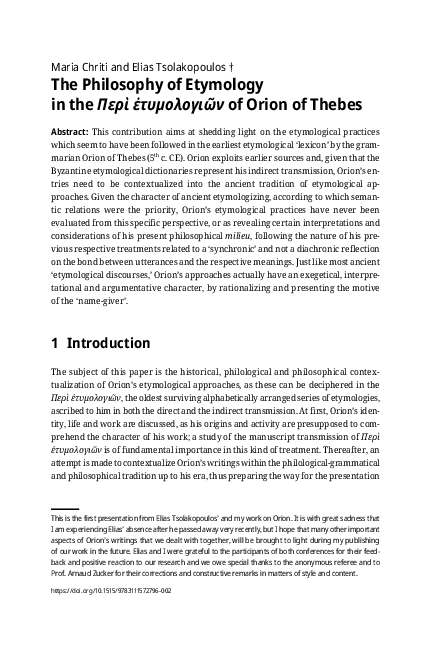 (PDF) The Philosophy of Etymology in the Περὶ ἐτυμολογιῶν of Orion of ...