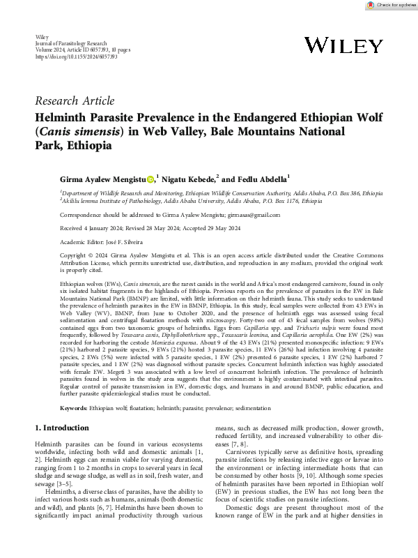 (PDF) Helminth Parasite Prevalence in the Endangered Ethiopian Wolf ...