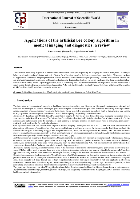 (PDF) Applications of the artificial bee colony algorithm in medical ‎imaging and diagnostics: a ...