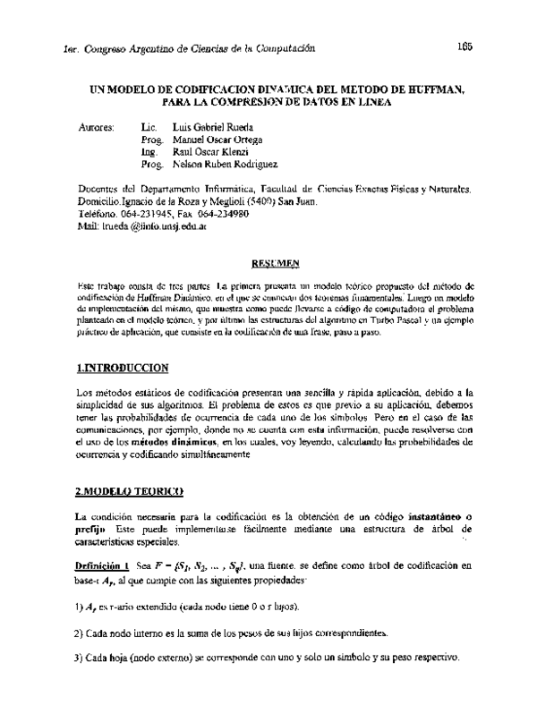 (PDF) Un modelo de codificación dinámica del método de Huffman para la compresion de datos en linea