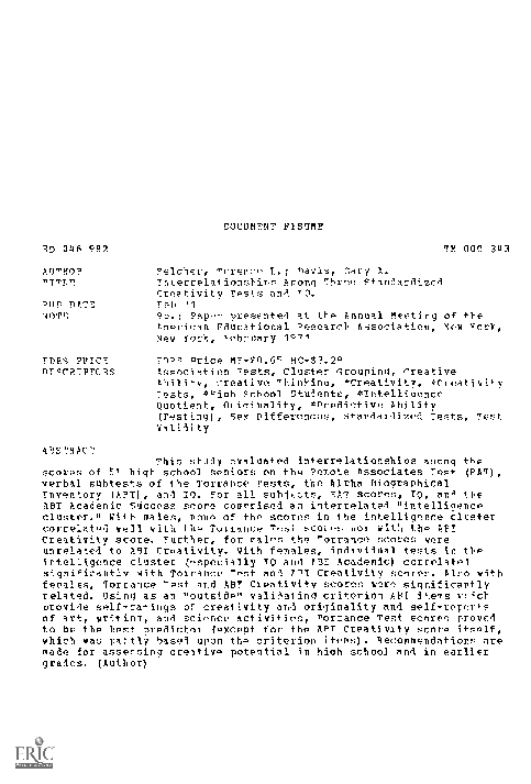 (PDF) Interrelationships Among Three Standardized Creativity Tests and IQ