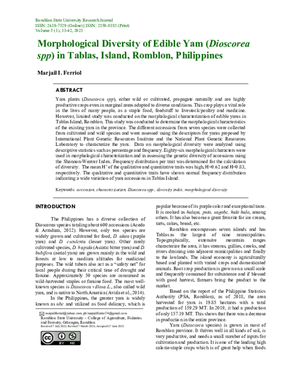 (PDF) Morphological Diversity of Edible Yam (Dioscorea spp) in Tablas ...
