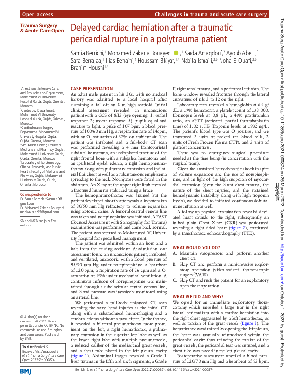 (PDF) Delayed cardiac herniation after a traumatic pericardial rupture ...