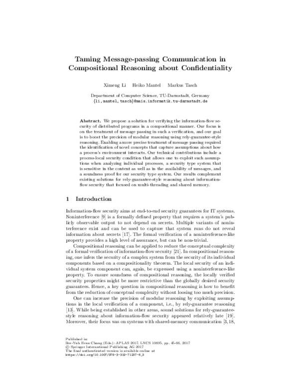 (PDF) Taming Message-Passing Communication in Compositional Reasoning About Confidentiality