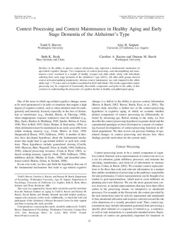 Context Processing and Context Maintenance in Healthy Aging and Early ...