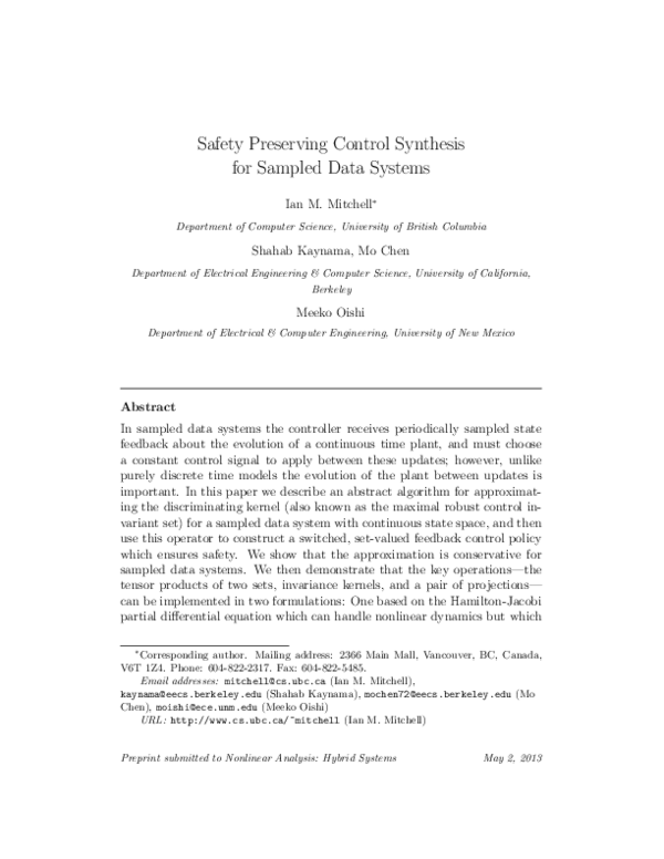 Safety preserving control synthesis for sampled data systems