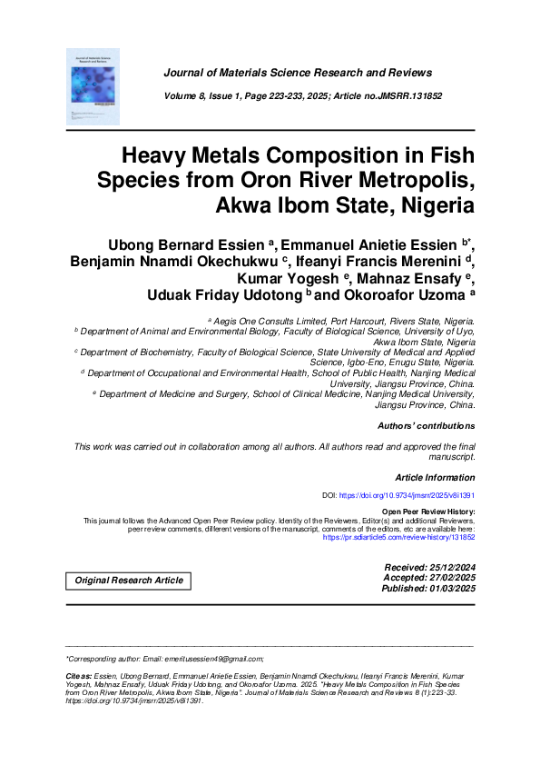 (PDF) Heavy Metals Composition in Fish Species from Oron River ...