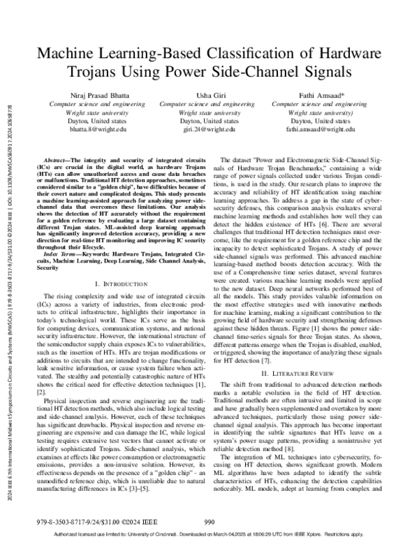 (PDF) Machine Learning-Based Classification of Hardware Trojans Using Power Side-Channel Signals