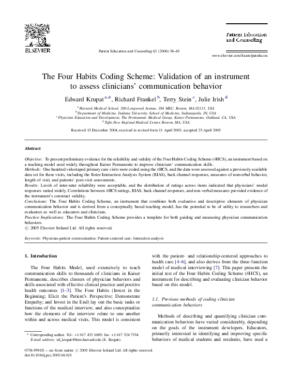 (PDF) The Four Habits Coding Scheme: Validation of an instrument to assess clinicians ...