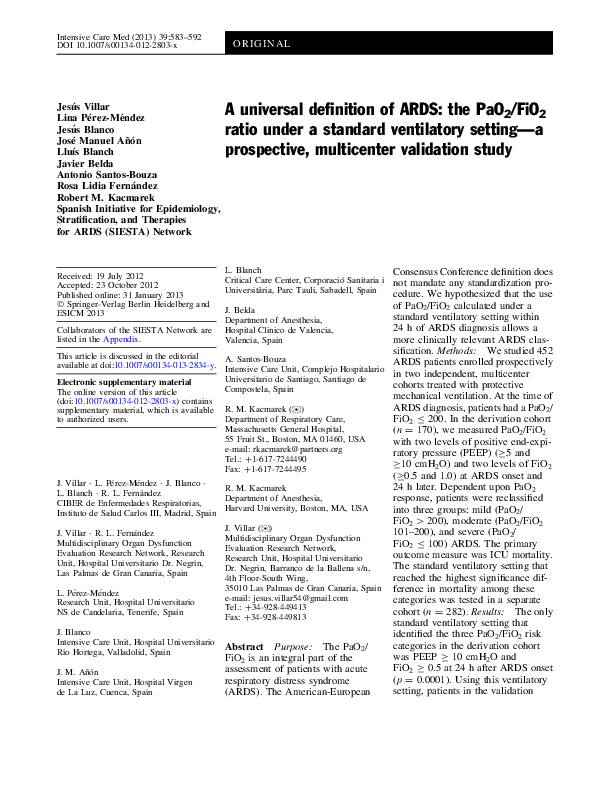 (PDF) A universal definition of ARDS: the PaO2/FiO2 ratio under a ...