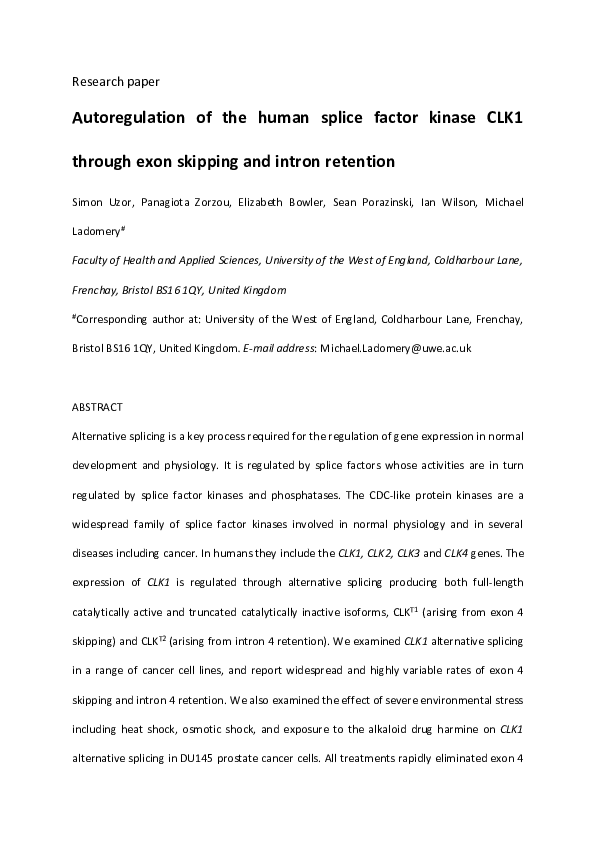(PDF) Autoregulation of the human splice factor kinase CLK1 through ...