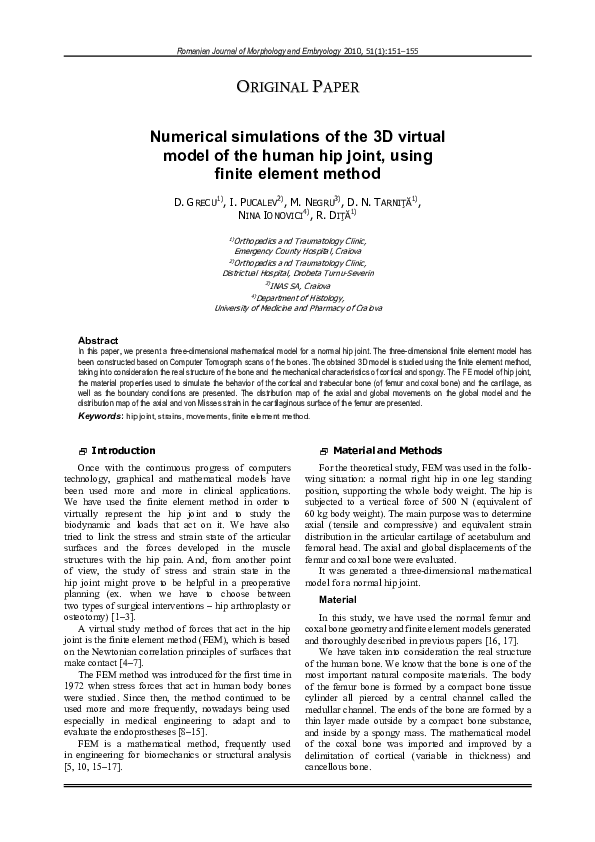 Numerical simulations of the 3D virtual model of the human hip joint, using finite element method