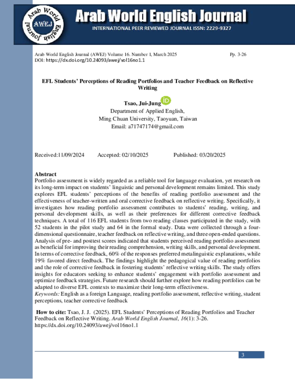 (PDF) EFL Students' Perceptions of Reading Portfolios and Teacher ...