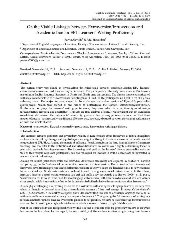 (PDF) On the Viable Linkages between Extroversion/Introversion and Academic Iranian EFL Learners ...