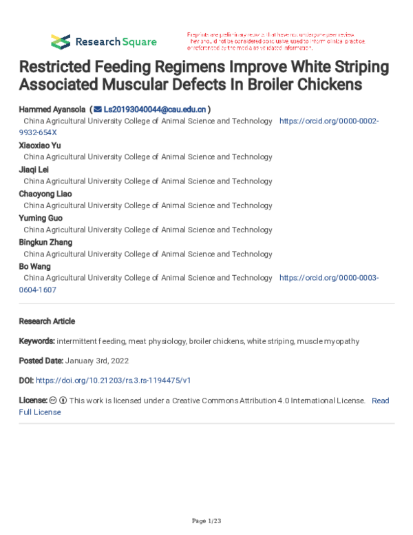 (PDF) Restricted Feeding Regimens Improve White Striping Associated ...