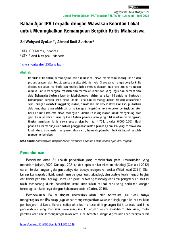 (PDF) Bahan Ajar IPA Terpadu dengan Wawasan Kearifan Lokal untuk Meningkatkan Kemampuan Berpikir ...