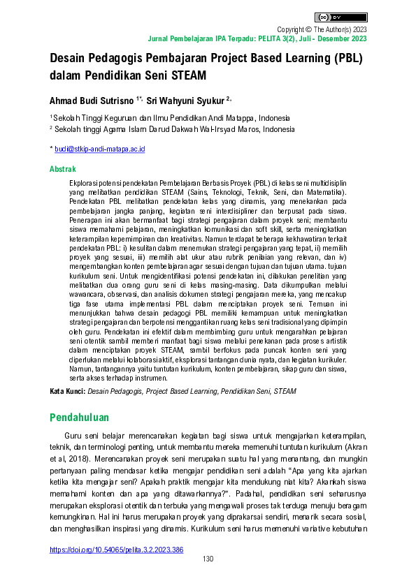 (PDF) Desain Pedagogis Pembajaran Project Based Learning (PBL) dalam Pendidikan Seni STEAM