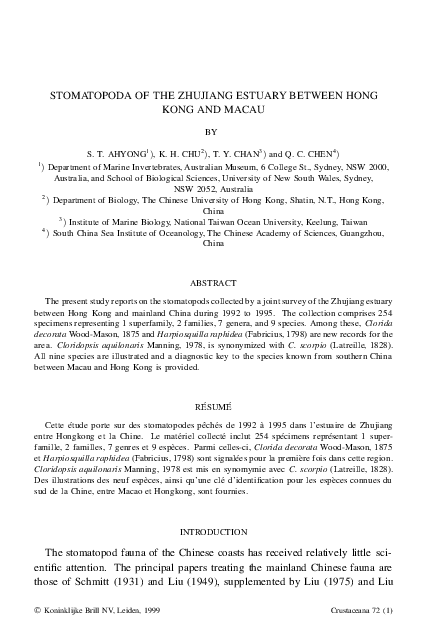 (PDF) Stomatopoda of the Zhujiang Estuary Between Hong Kong and Macau
