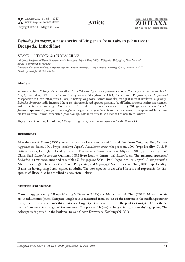 (PDF) Lithodes formosae, a new species of king crab from Taiwan ...