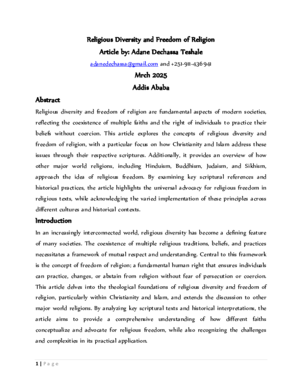 (PDF) Religious Diversity and Freedom of Religion Article by: Adane ...