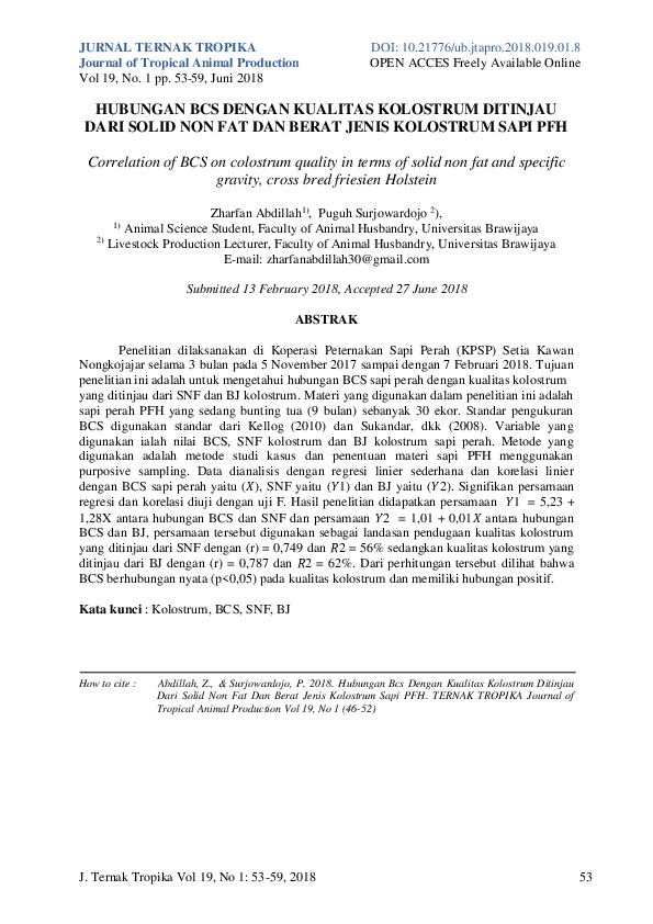 (PDF) Hubungan Bcs Dengan Kualitas Kolostrum Ditinjau Dari Solid Non Fat Dan Berat Jenis ...