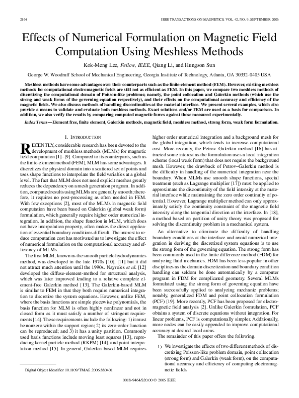 Effects of numerical formulation on magnetic field computation using meshless methods