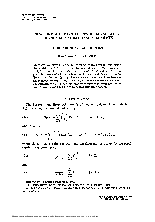 (PDF) New formulae for the Bernoulli and Euler polynomials at rational ...