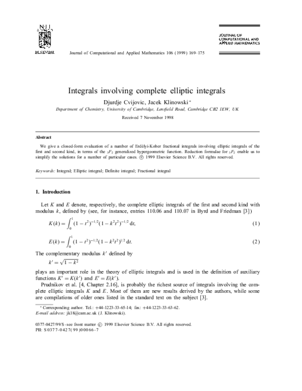 Pdf Integrals Involving Complete Elliptic Integrals