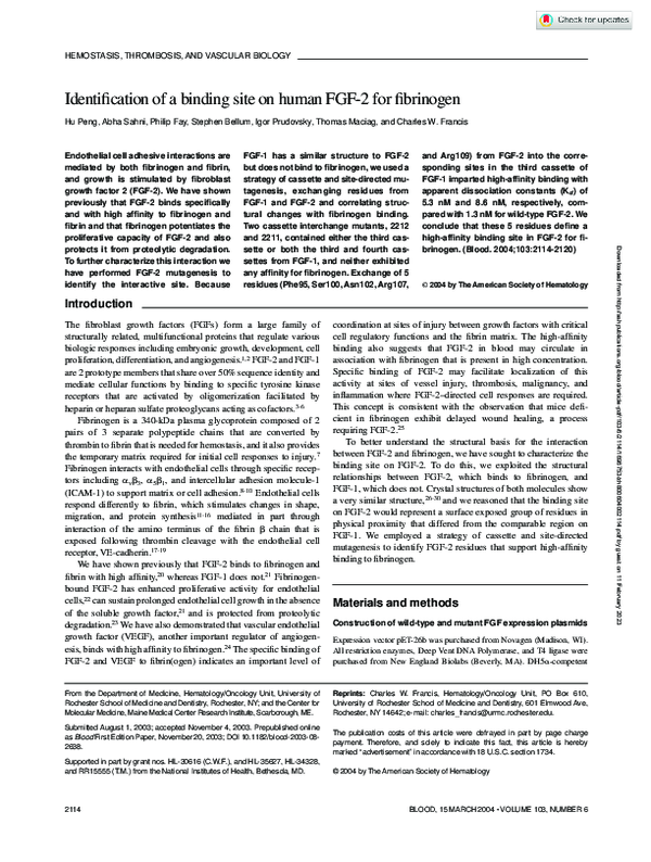 (PDF) Identification of a binding site on human FGF-2 for fibrinogen
