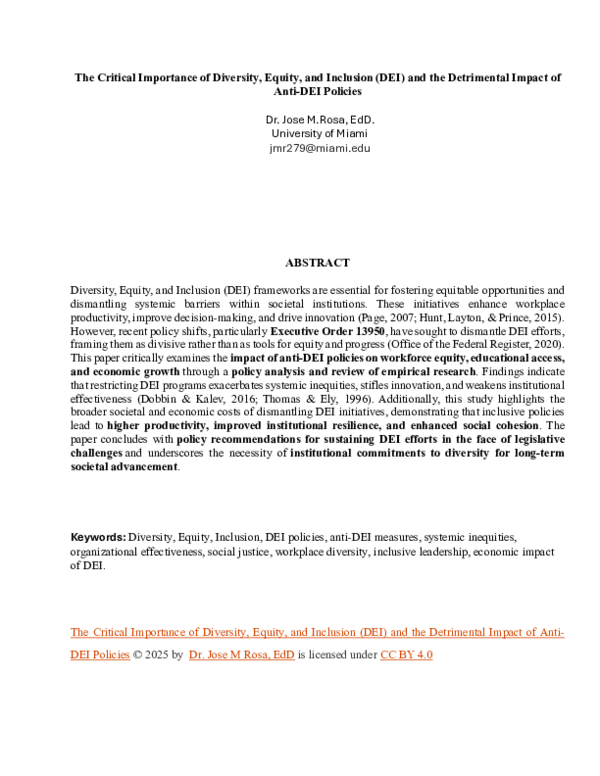 (PDF) The Critical Importance of Diversity, Equity, and Inclusion (DEI) and the Detrimental ...
