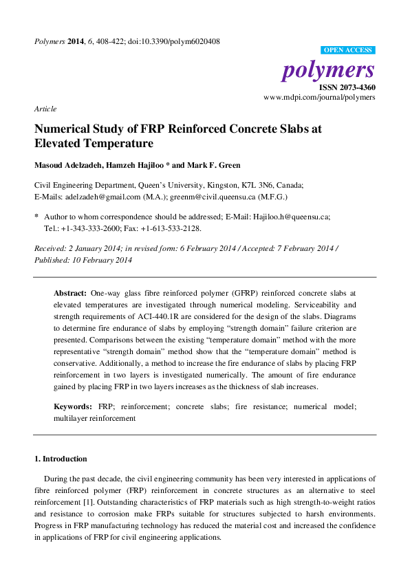 (PDF) Numerical Study of FRP Reinforced Concrete Slabs at Elevated ...