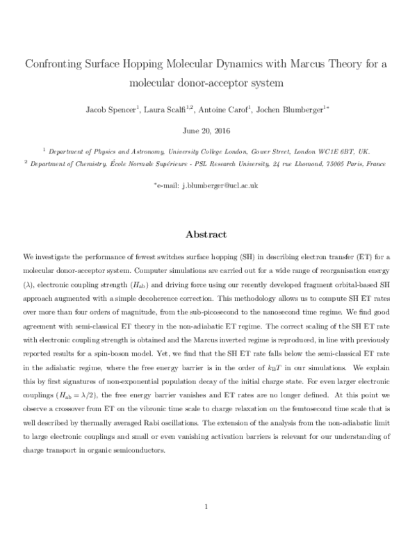 (PDF) Confronting surface hopping molecular dynamics with Marcus theory ...