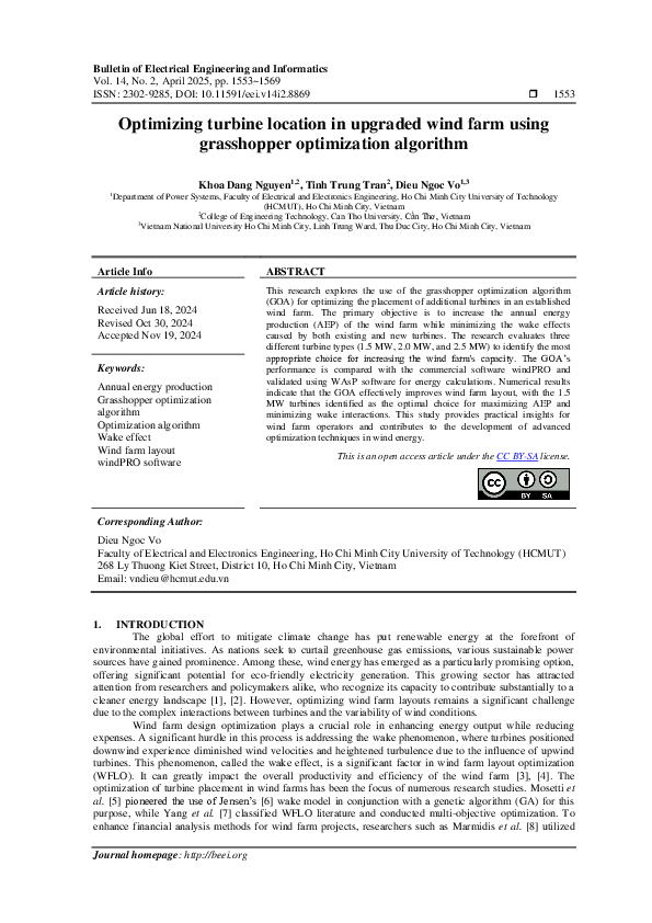 Pdf Optimizing Turbine Location In Upgraded Wind Farm Using Grasshopper Optimization Algorithm