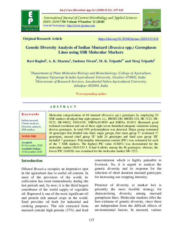 (PDF) Genetic Diversity Analysis of Indian Mustard (Brassica spp.) Germplasm Lines using SSR ...