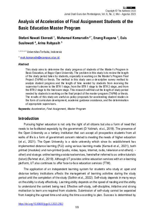 Analysis of Acceleration of Final Assignment Students of the Basic Education Master Program