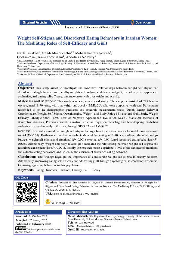(PDF) Weight Self-Stigma and Disordered Eating Behaviors in Iranian ...