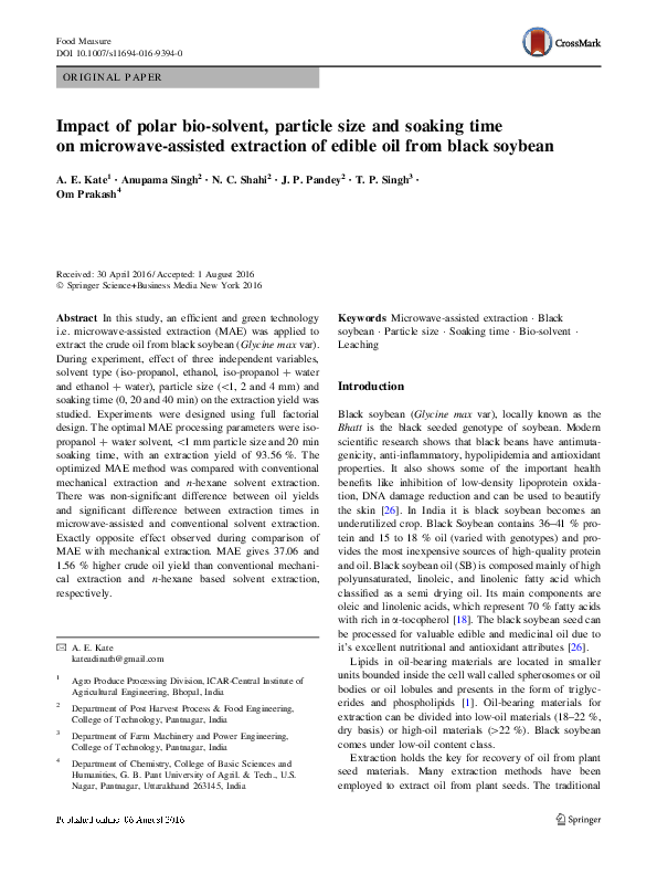 (PDF) Impact of polar bio-solvent, particle size and soaking time on microwave-assisted ...