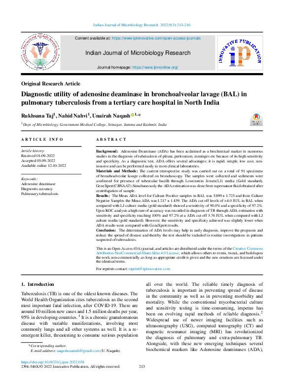 Diagnostic utility of adenosine deaminase in bronchoalveolar lavage ...