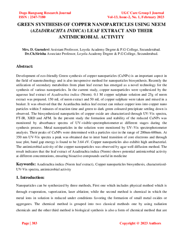 (PDF) GREEN SYNTHESIS OF COPPER NANOPARTICLES USING NEEM (AZADIRACHTA INDICA) LEAF EXTRACT AND ...