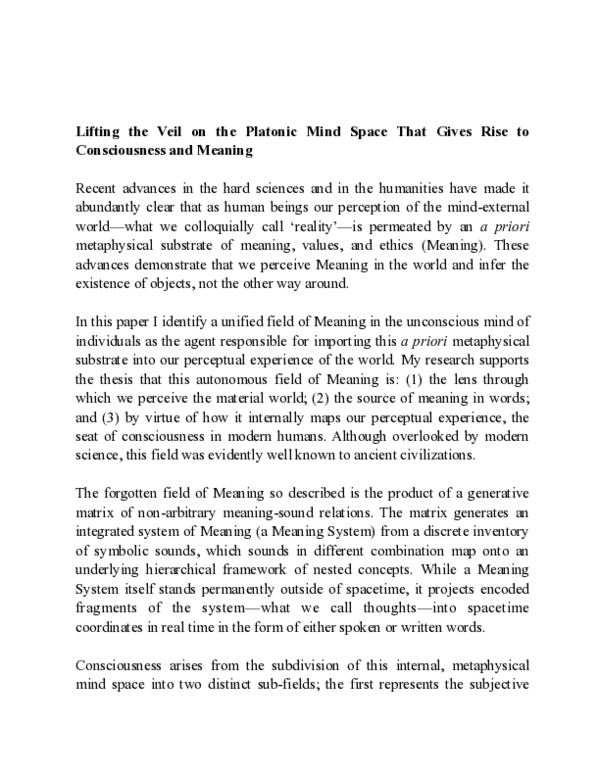 (PDF) Lifting the Veil on the Platonic Mind Space That Gives Rise to ...