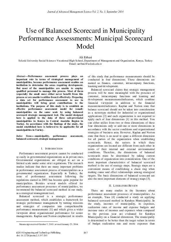 (PDF) Use of Balanced Scorecard in Municipality Performance Assessments: Municipal Scorecard Model