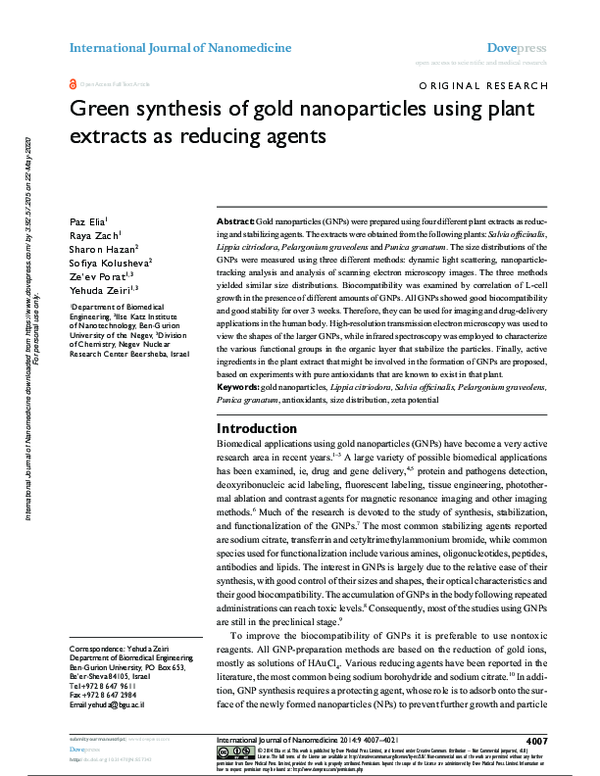 (PDF) Green synthesis of gold nanoparticles using plant extracts as reducing agents