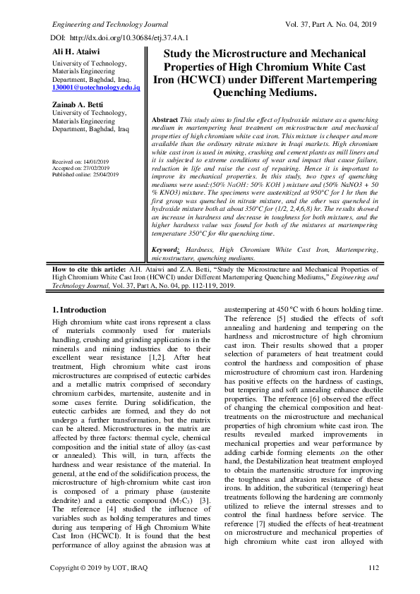 (PDF) Study the Microstructure and Mechanical Properties of High Chromium White Cast Iron (HCWCI ...